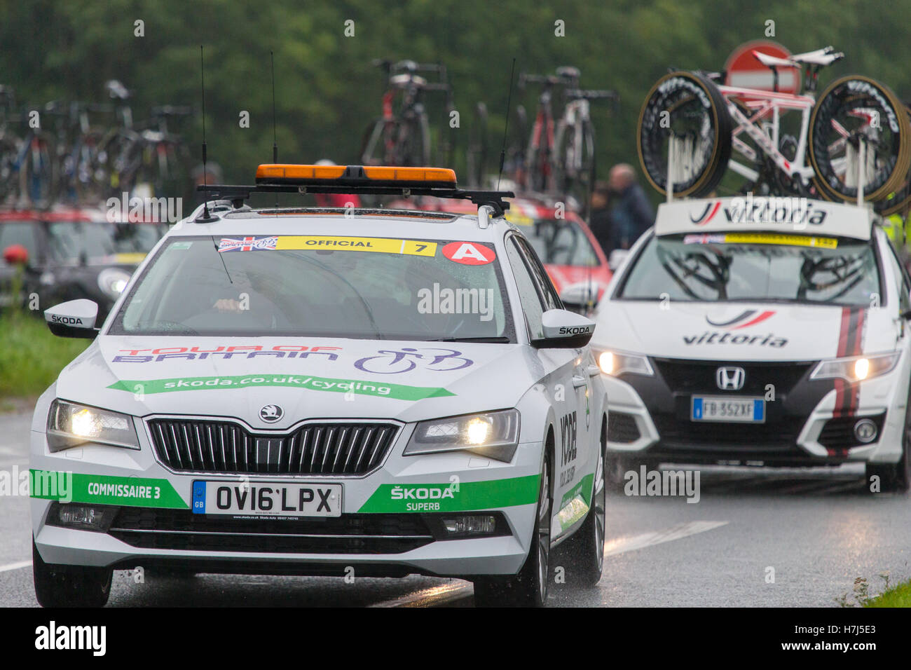 Tour of Britain Cycle Race support vehicles following the cycle race ...
