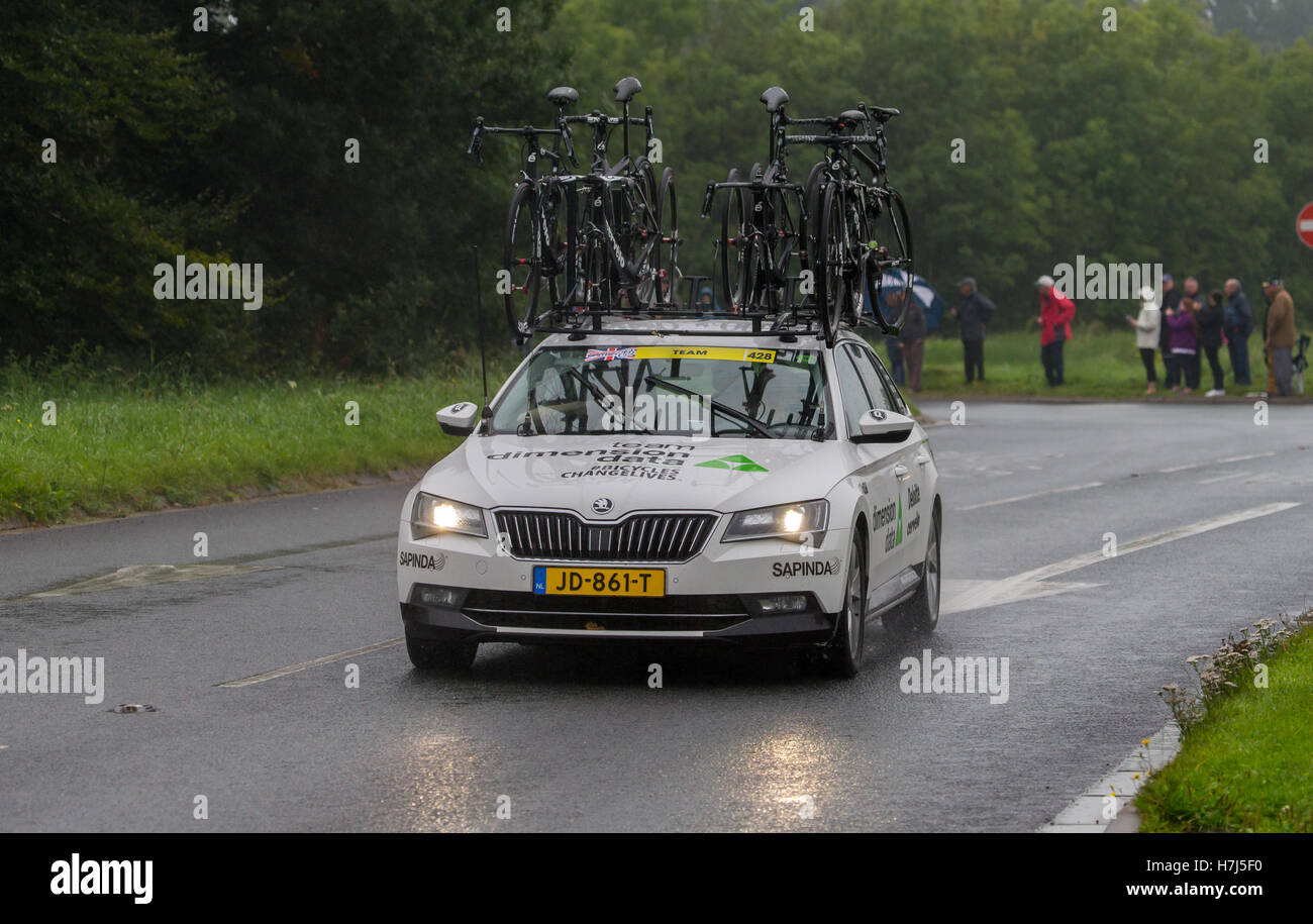 Tour of Britain Cycle Race support vehicles following the cycle race ...