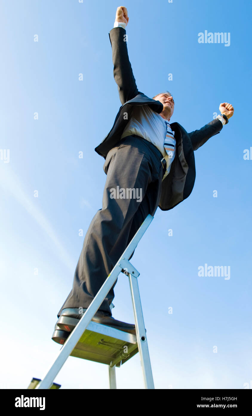Businessman climbing a ladder, symbolic image for the career ladder ...