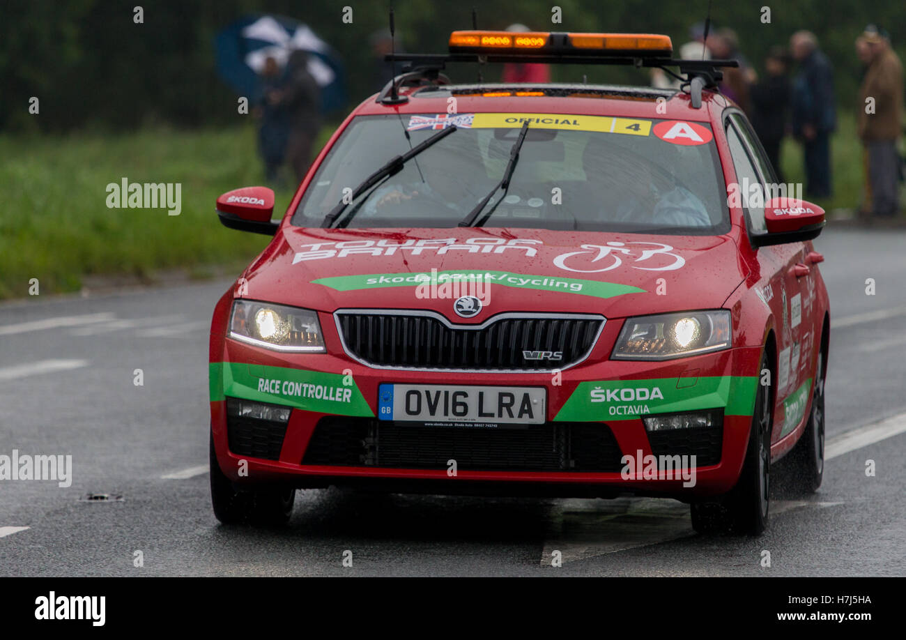 Tour of Britain Cycle Race support vehicles following the cycle race ...