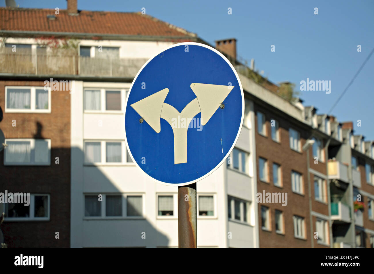 Road sign, left or right turn only, Duesseldorf, North Rhine-Westphalia ...