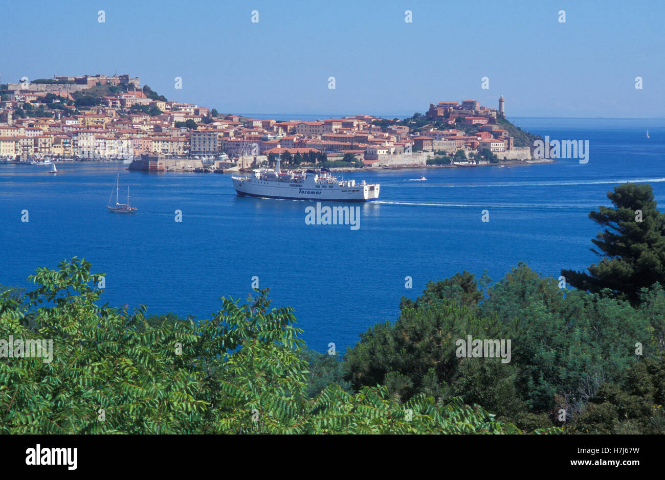 View of Portoferraio, ferry, boat transport, ship, Elba Island, Tuscany ...