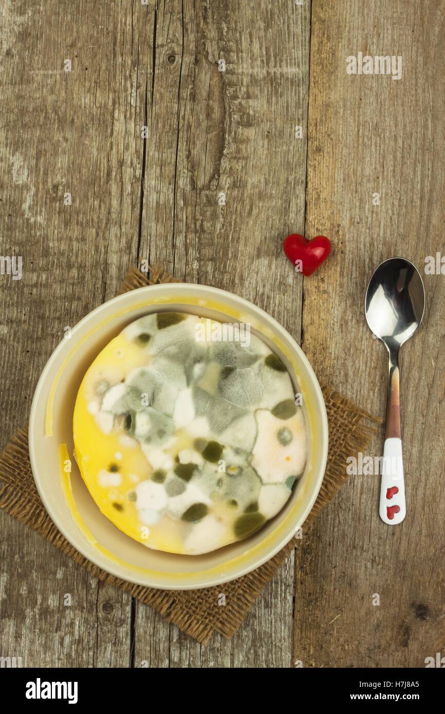 Moldy pudding. Poisonous food full of mold. Unhealthy food. Spores of ...