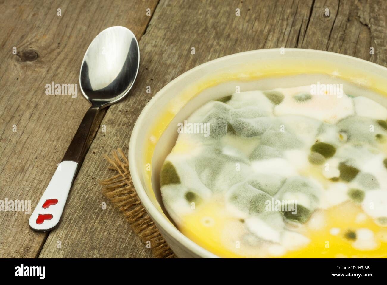 Moldy pudding. Poisonous food full of mold. Unhealthy food. Spores of ...