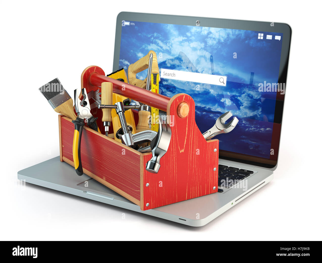 Online support. Laptop and toolbox with tool isolated on white ...
