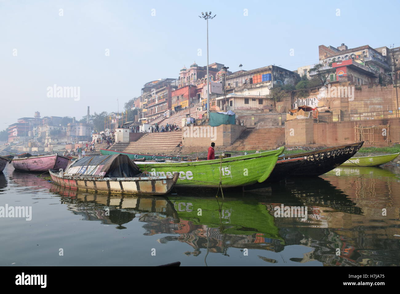 Boats floating on river Ganga in the holy city of Varanasi, Uttar ...