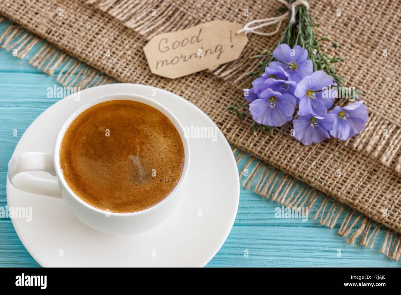Coffee mug with blue flowers and notes good morning on blue rustic ...