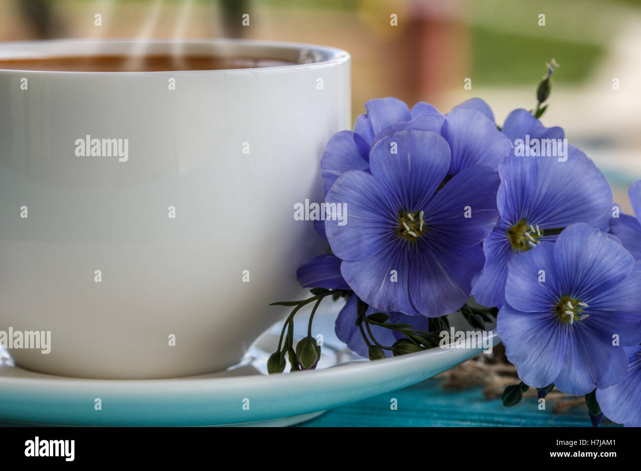 Coffee mug with blue flowers and notes good morning on blue rustic ...