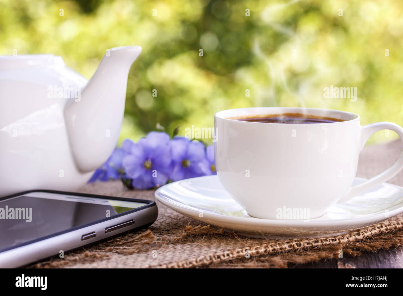 Coffee mug with blue flowers and notes good morning on blue rustic ...