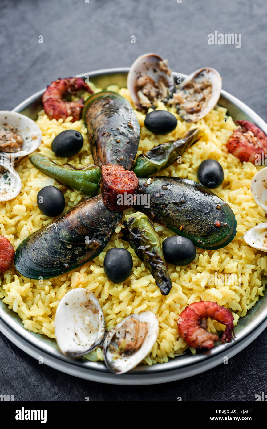 mixed fresh steamed seafood and rice paella famous traditional ...