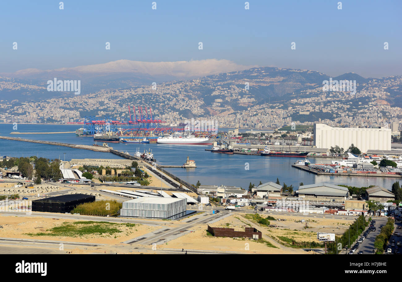 View over waterfront & port with Mount Lebanon beyond & grain storage ...