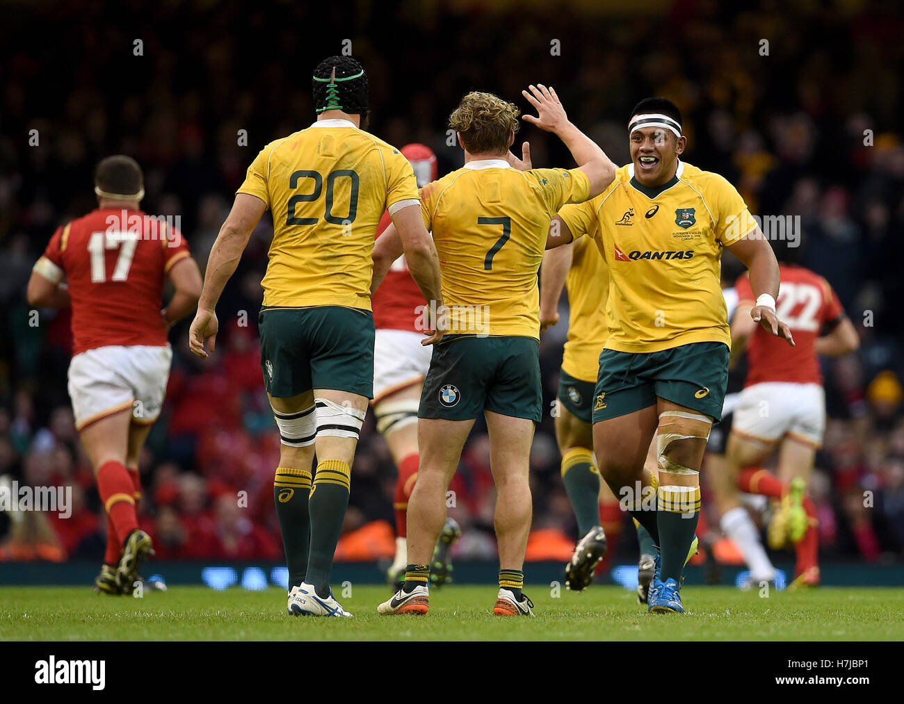 Australia's Allan Ala'alatoa (right) celebrates with Michael Hooper ...