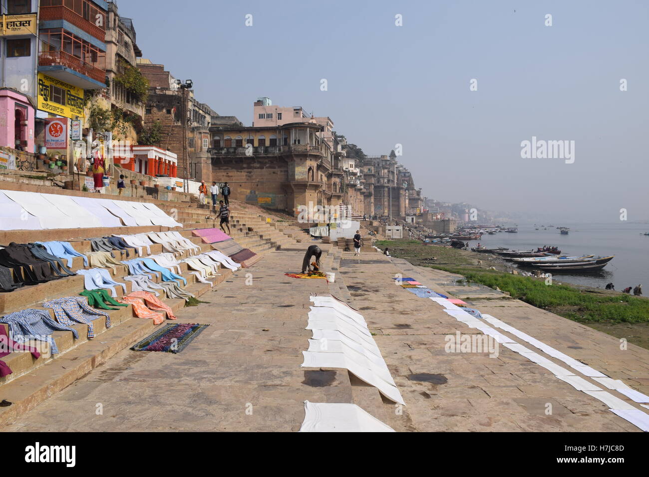 View of Varanasi with clothes drying on the ghats - Varanasi, Uttar ...