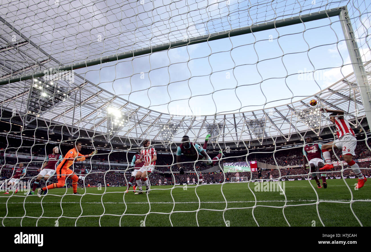 General view of action in the penalty area during the Premier League ...