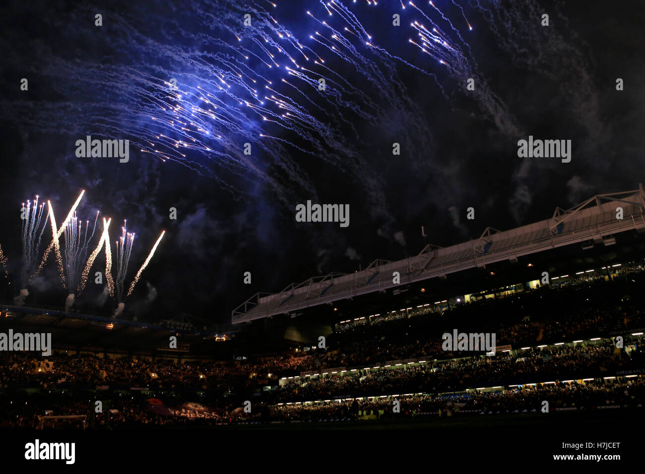 Fireworks over the stadium during the Premier League match at Stamford ...