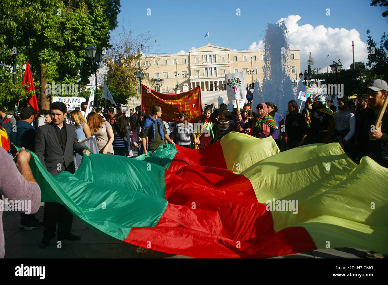 Athens, Greece. 05th Nov, 2016. Demonstrators wave a Kurdish flag in ...