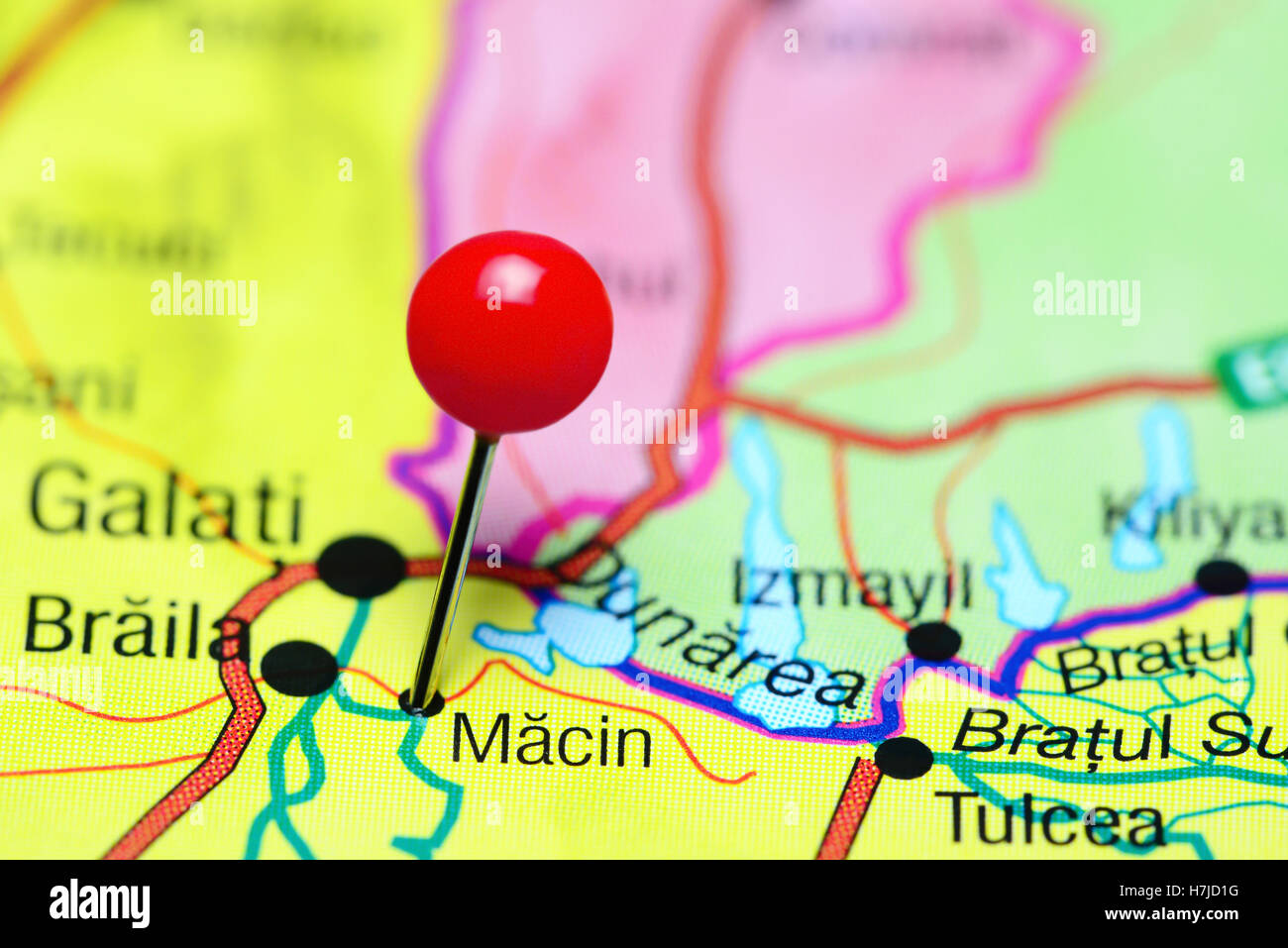 Macin pinned on a map of Romania Stock Photo - Alamy