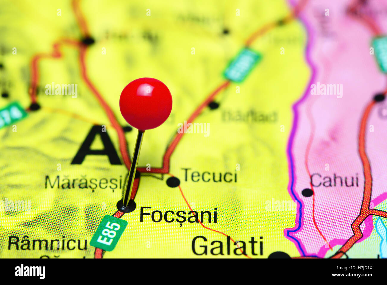 Focsani pinned on a map of Romania Stock Photo - Alamy