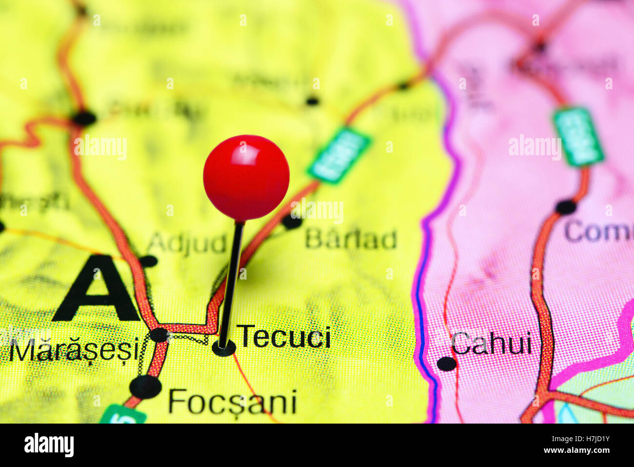 Tecuci pinned on a map of Romania Stock Photo - Alamy