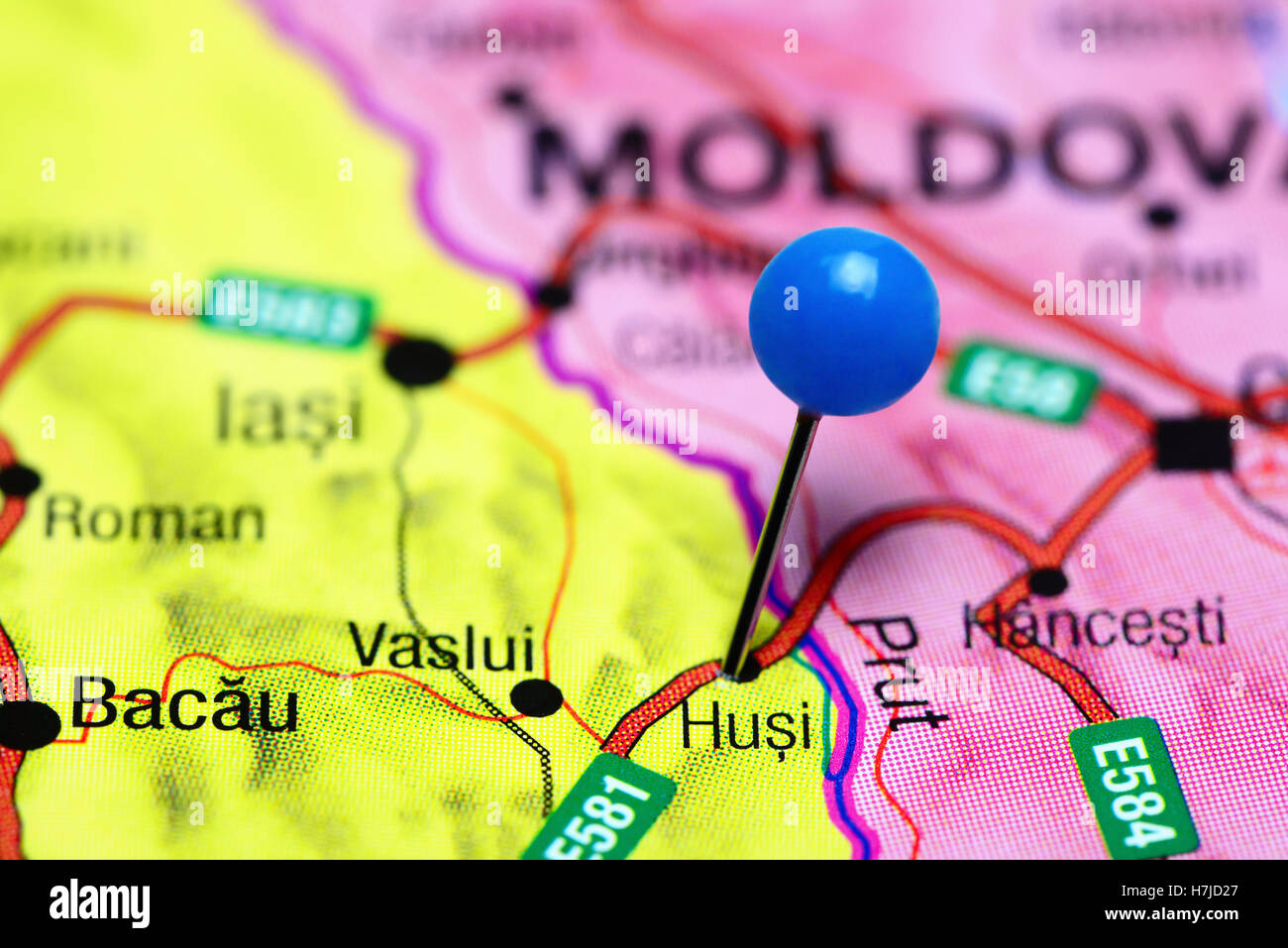 Husi pinned on a map of Romania Stock Photo - Alamy