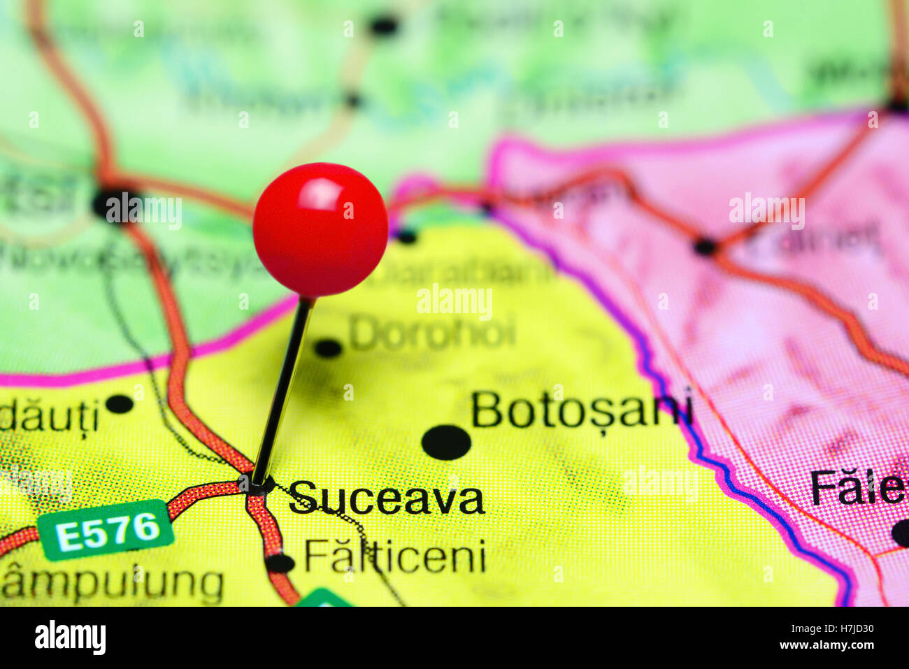 Suceava pinned on a map of Romania Stock Photo - Alamy