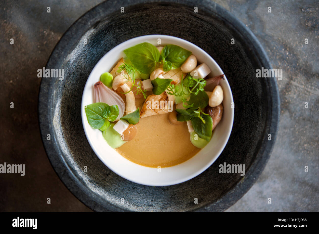 Wild mushroom salad with miso and lemongrass puree and charred shallots ...