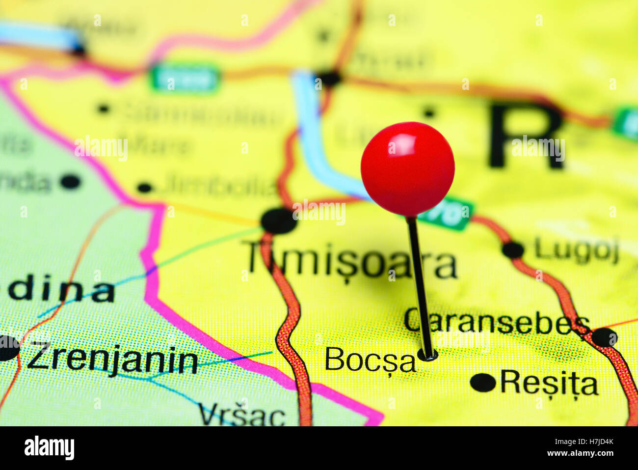 Bocsa pinned on a map of Romania Stock Photo - Alamy