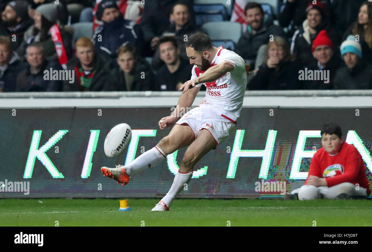 England's Luke Gale attempts a conversion during the Four Nations match ...