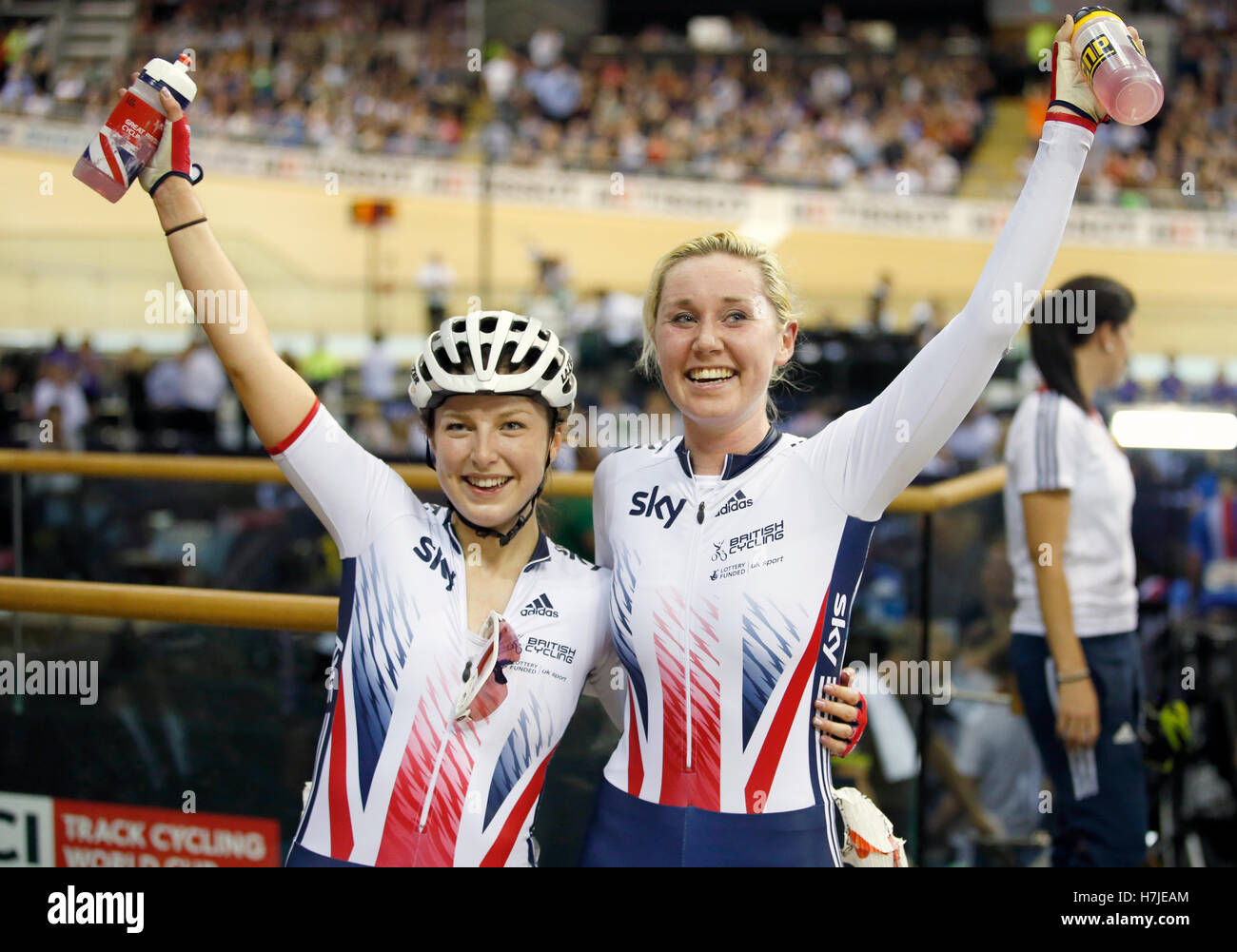 Great Britain's (from left) Manon Lloyd and Katie Archibald celebrate ...