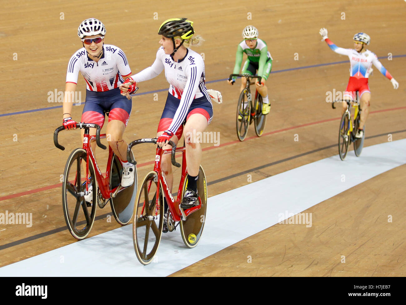Great Britain's (from left) Manon Lloyd and Katie Archibald celebrate ...