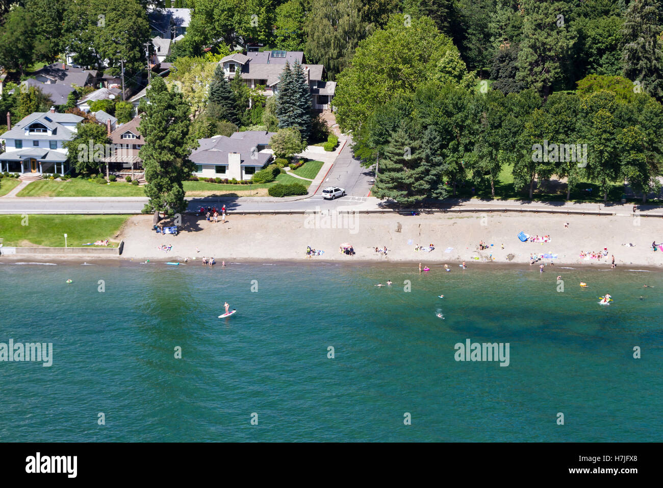 Coeur d' Alene, Idaho - August 12: Aerial view of the beach with ...