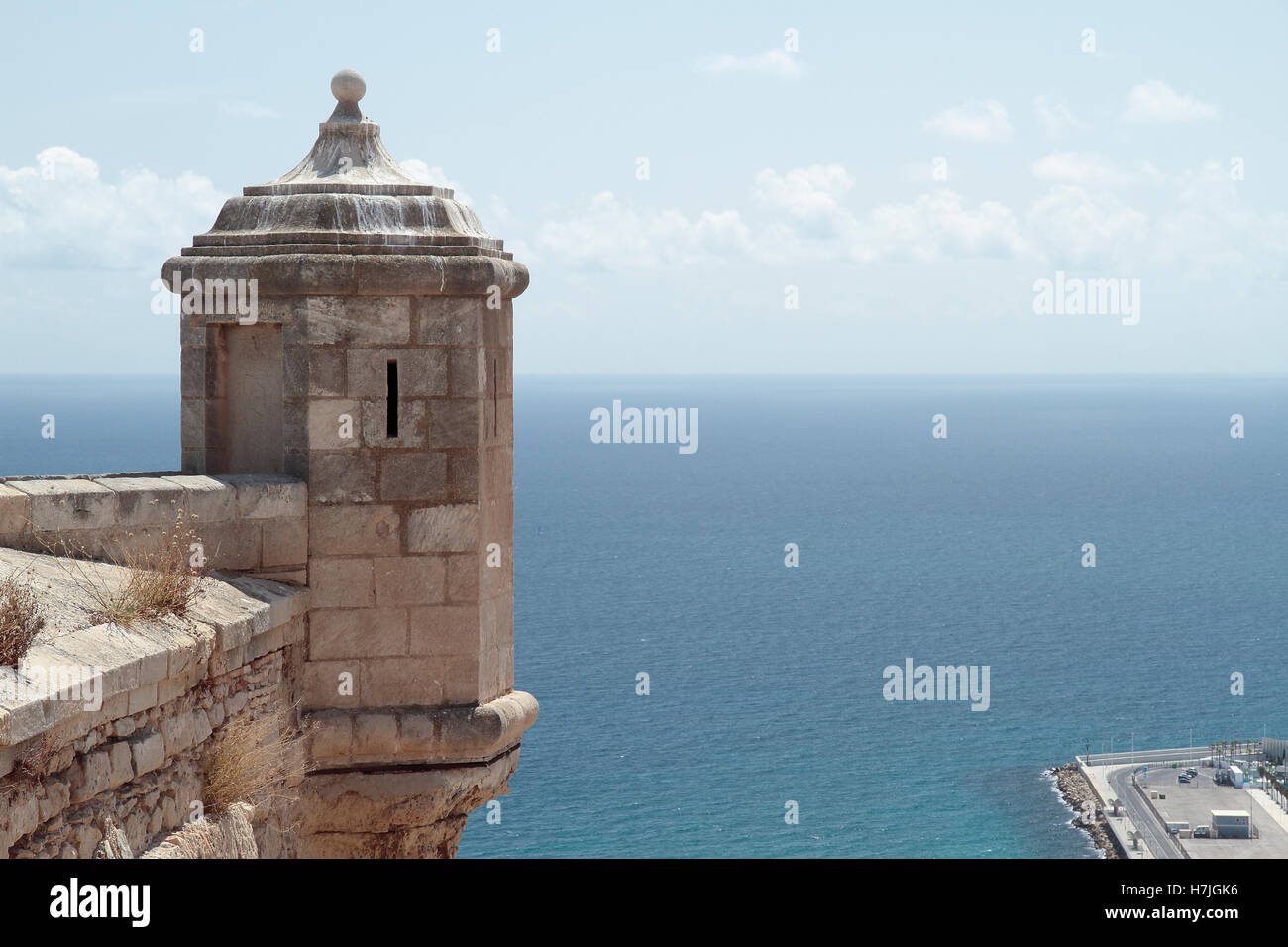 sentry box in santa barbara castle with the sea in the background Stock ...
