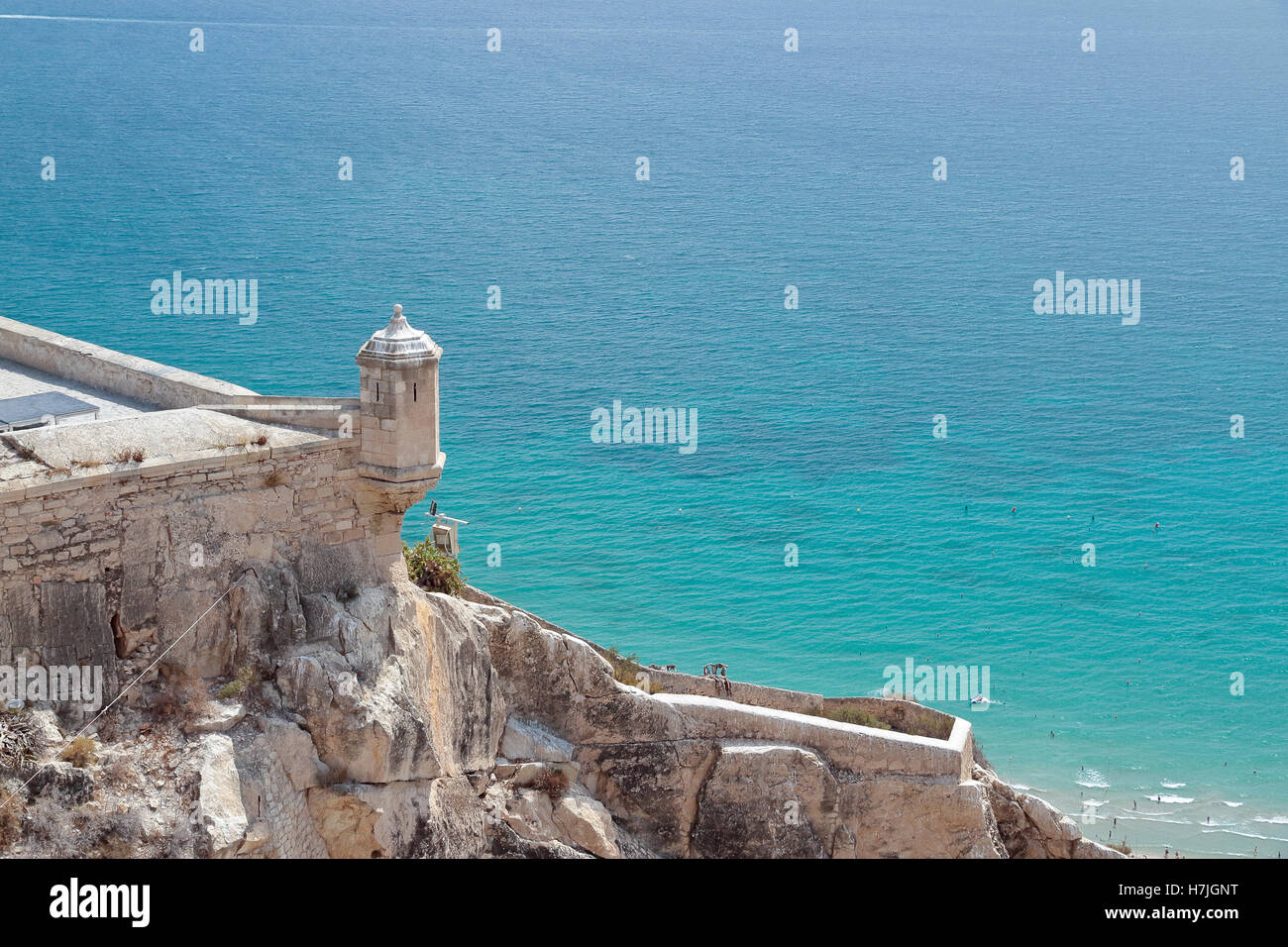 sentry box in santa barbara castle with the sea in the background Stock ...