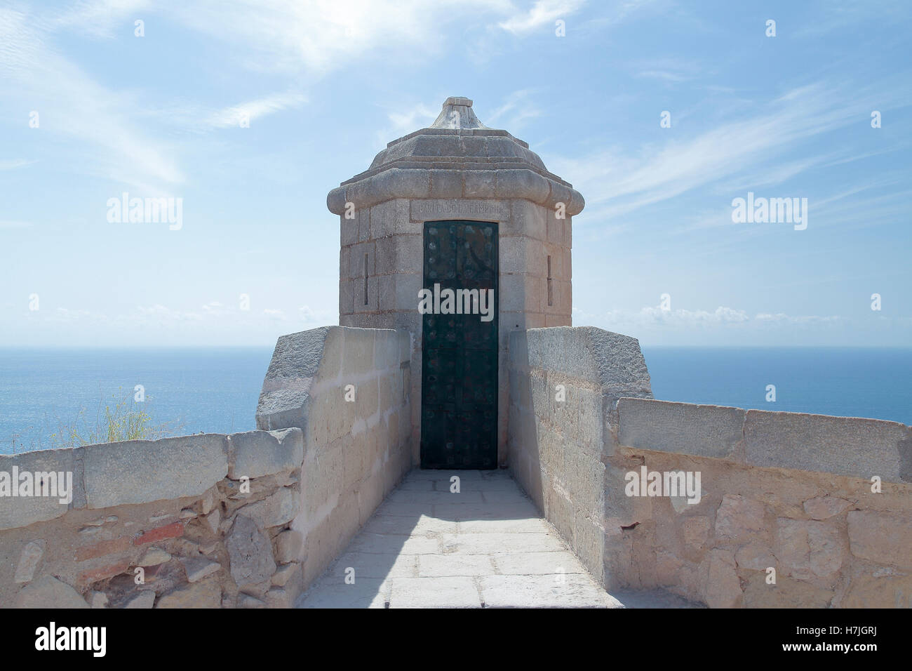 sentry box in santa barbara castle with the sea and sky in the ...