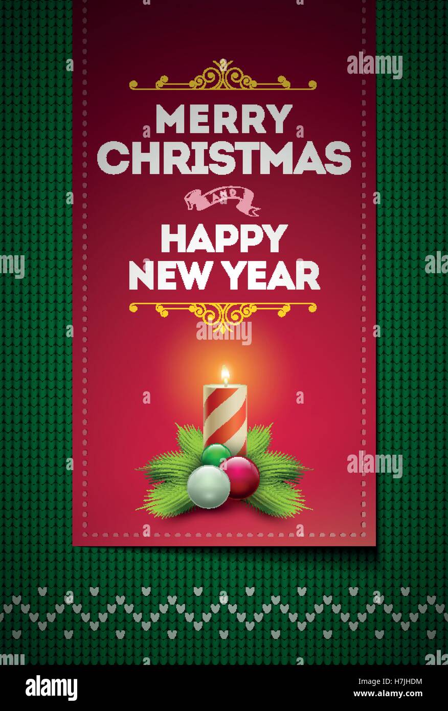 Merry Christmas and Happy New Year message on vector knitted pattern ...