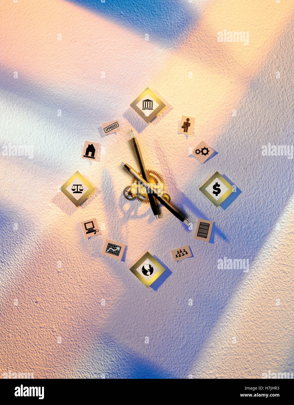 A clock made with graphic icons that represent business, finance, trade ...