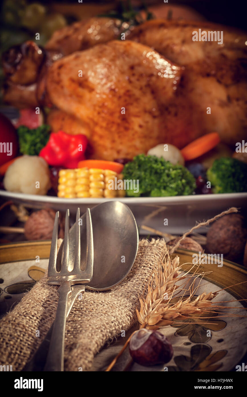 Thanksgiving Turkey dinner table setting Stock Photo - Alamy