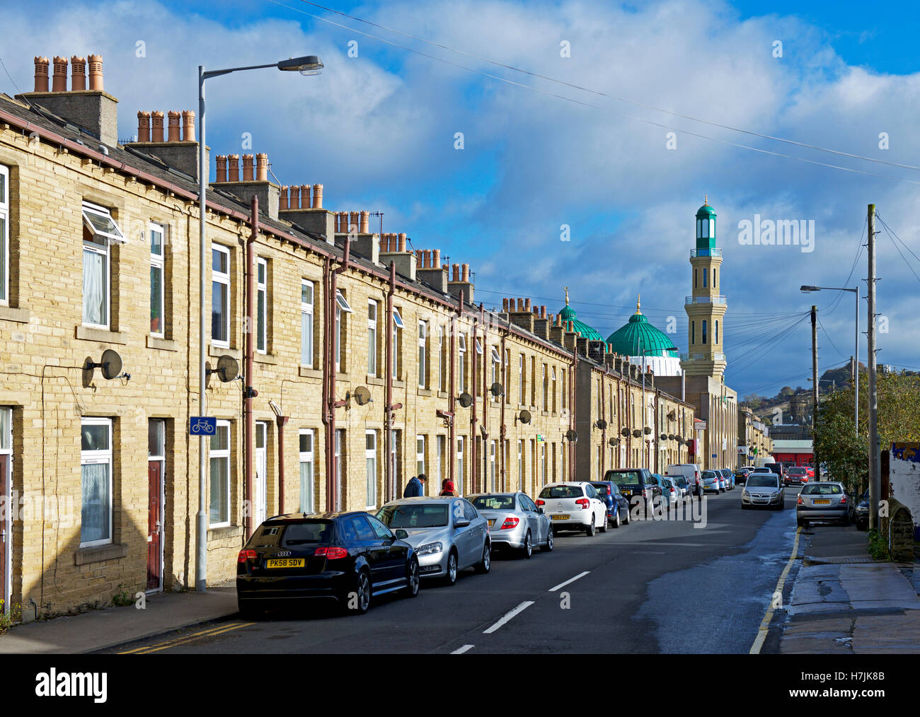 Islamic mosque and street of terraced houses in Keighley, West ...