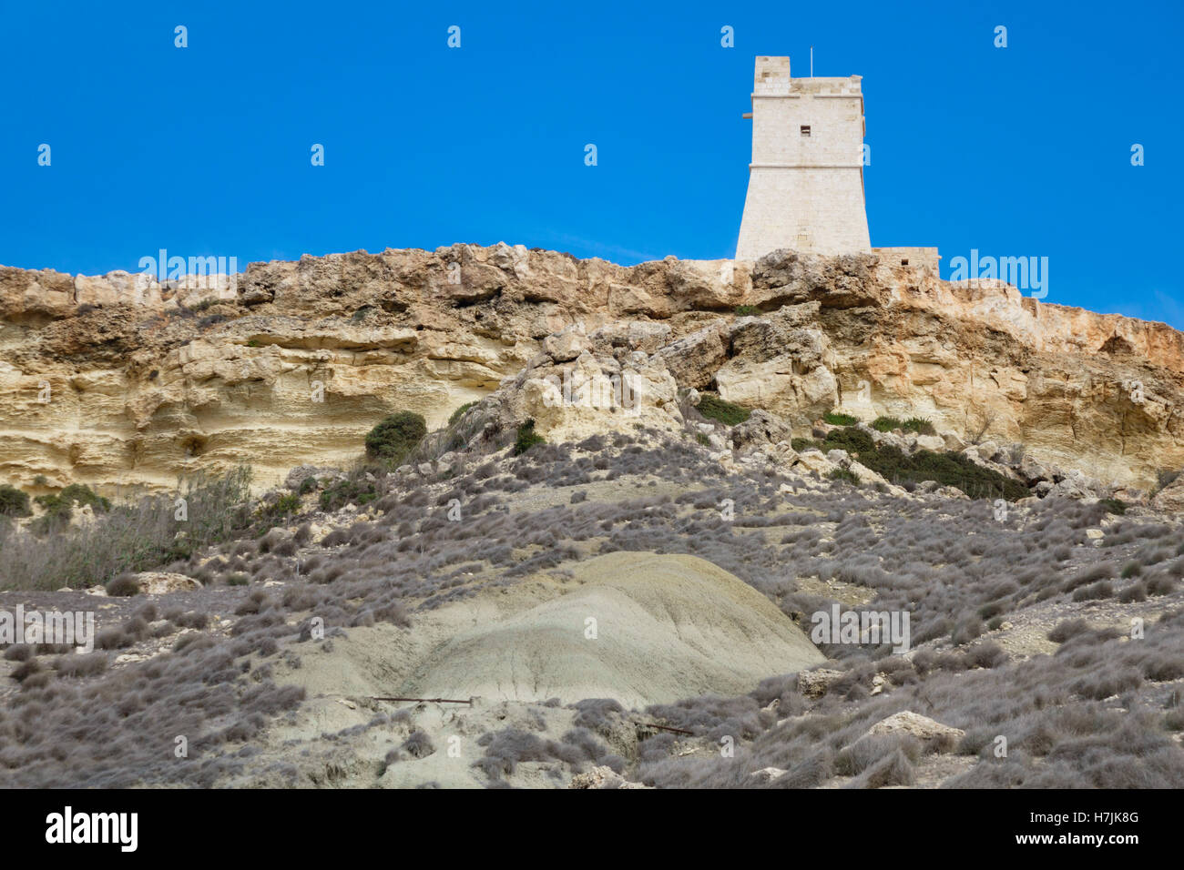 Malta, north-west coast Mellieha district. Watchtower at Gnejna cliffs ...