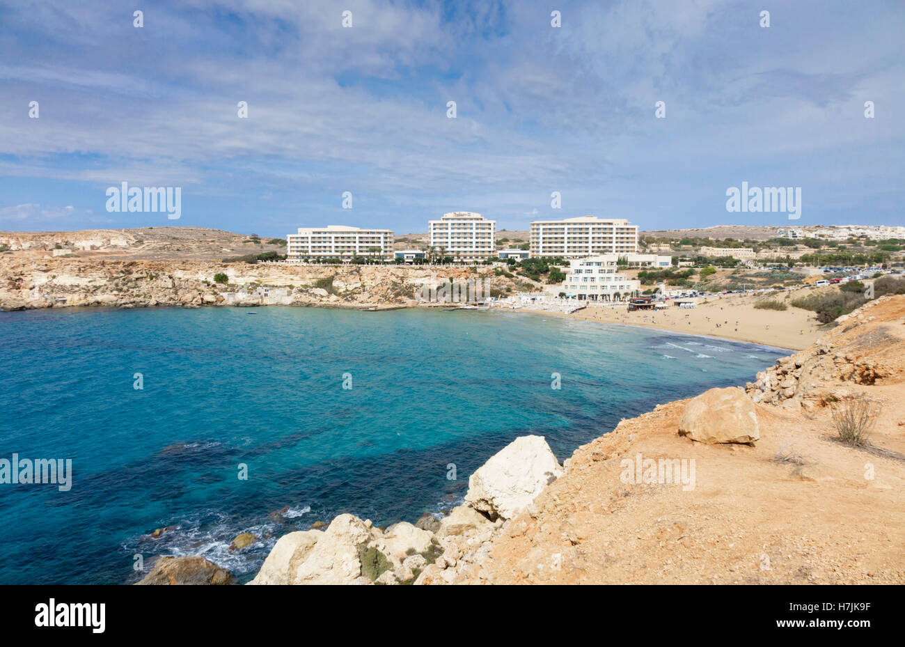 Malta, north-west coast Mellieha district. Golden Bay, Marriott Hotels ...