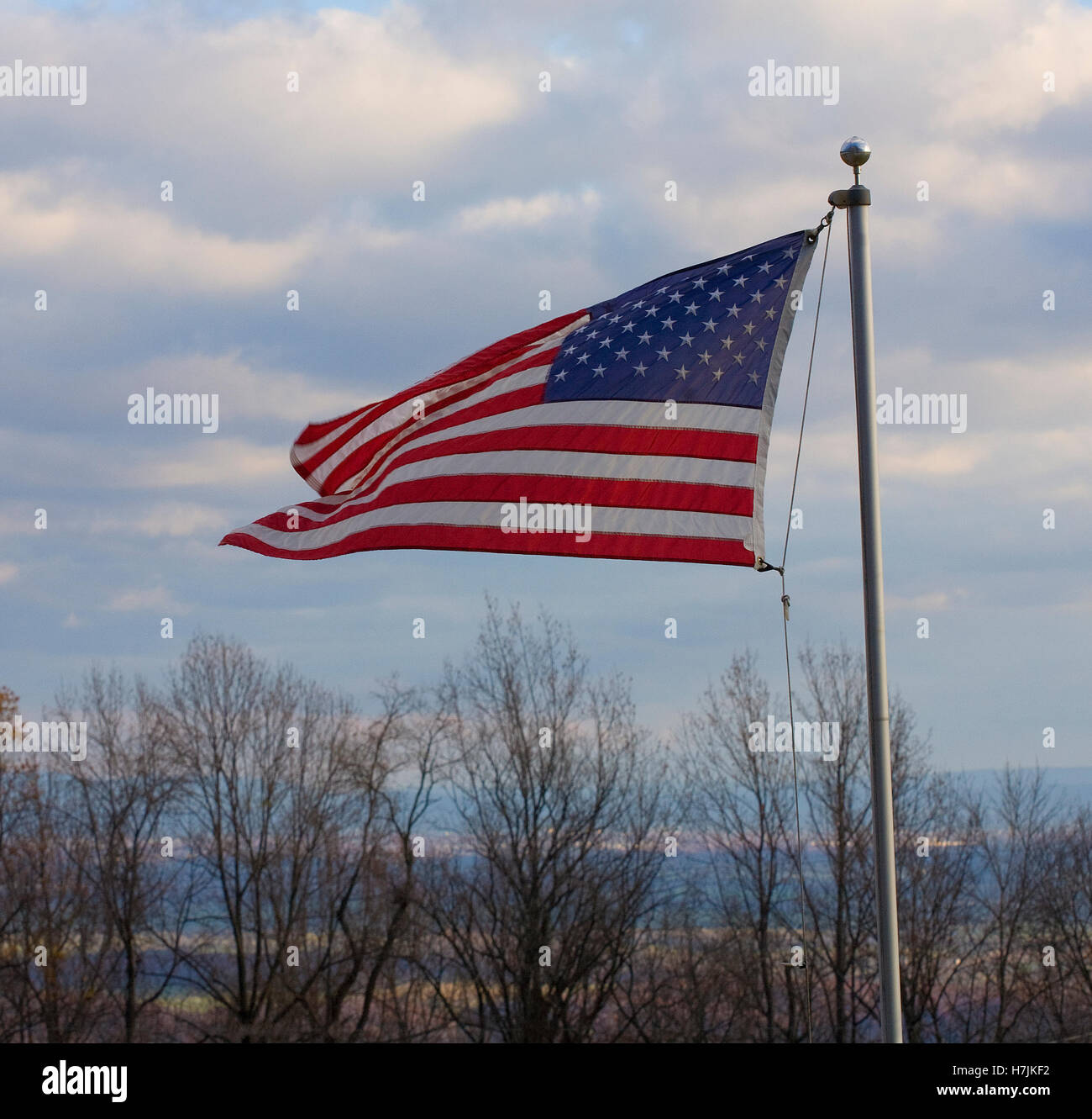 United States flag flying on the Blue Ridge over the Shenandoah Valley ...