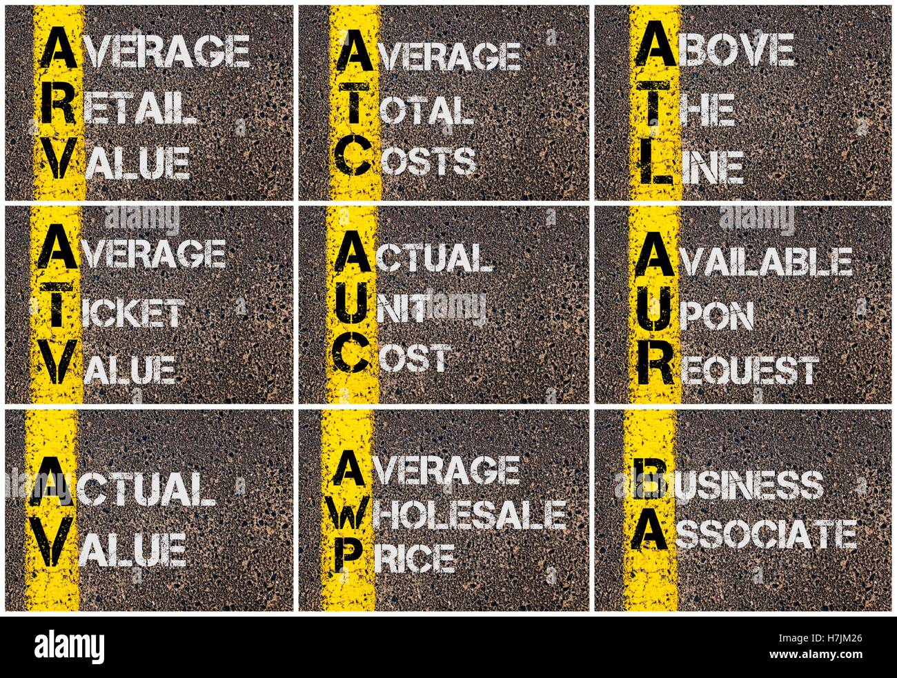 Photo collage of Business Acronyms written over road marking yellow ...