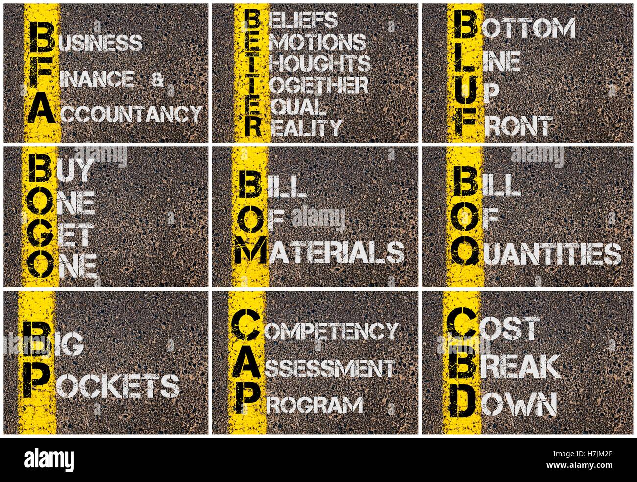 Photo collage of Business Acronyms written over road marking yellow ...