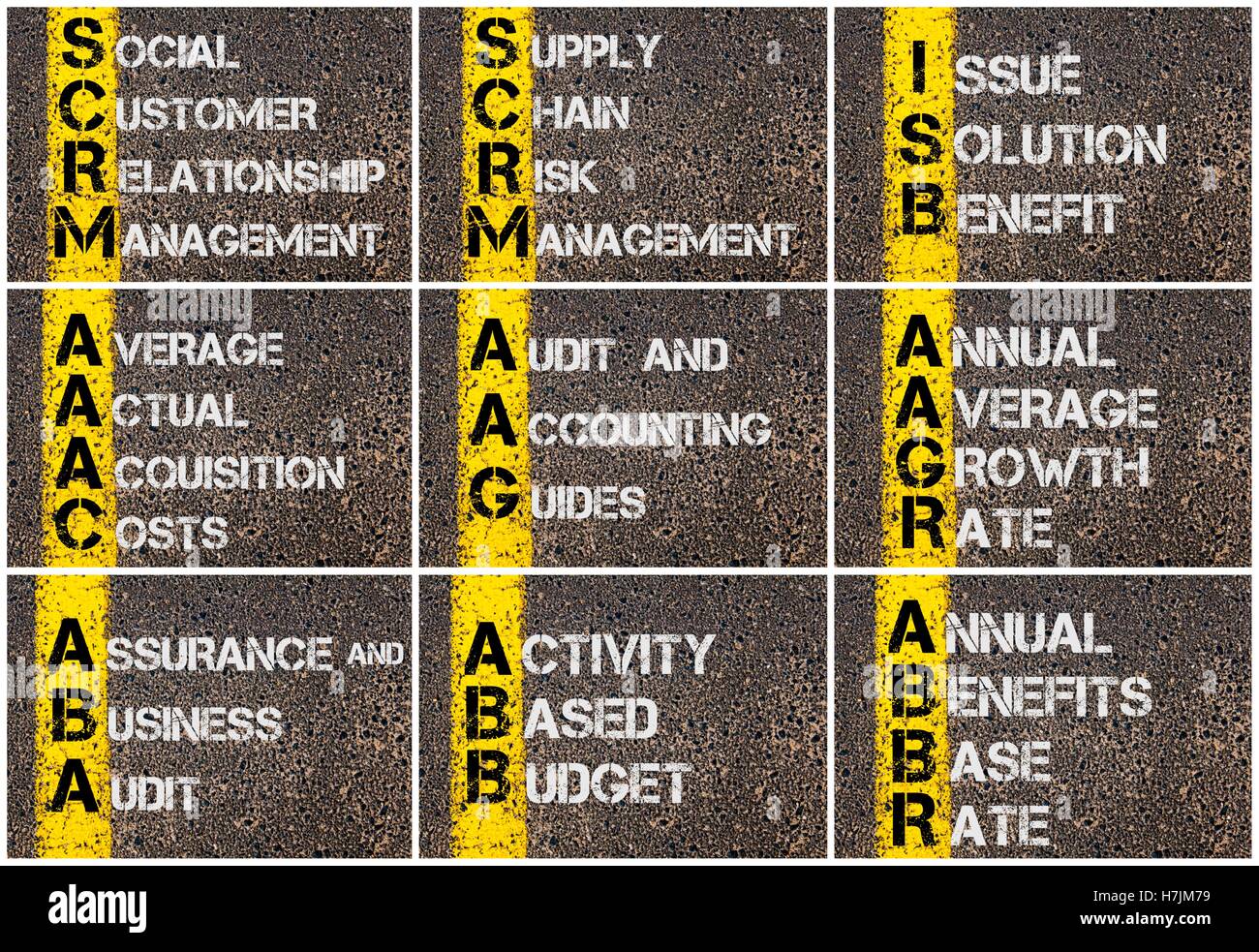 Photo collage of Business Acronyms written over road marking yellow ...