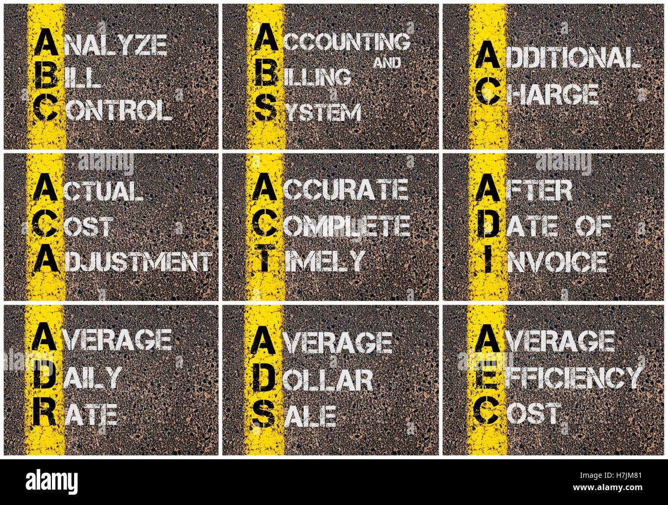 Photo collage of Business Acronyms written over road marking yellow ...