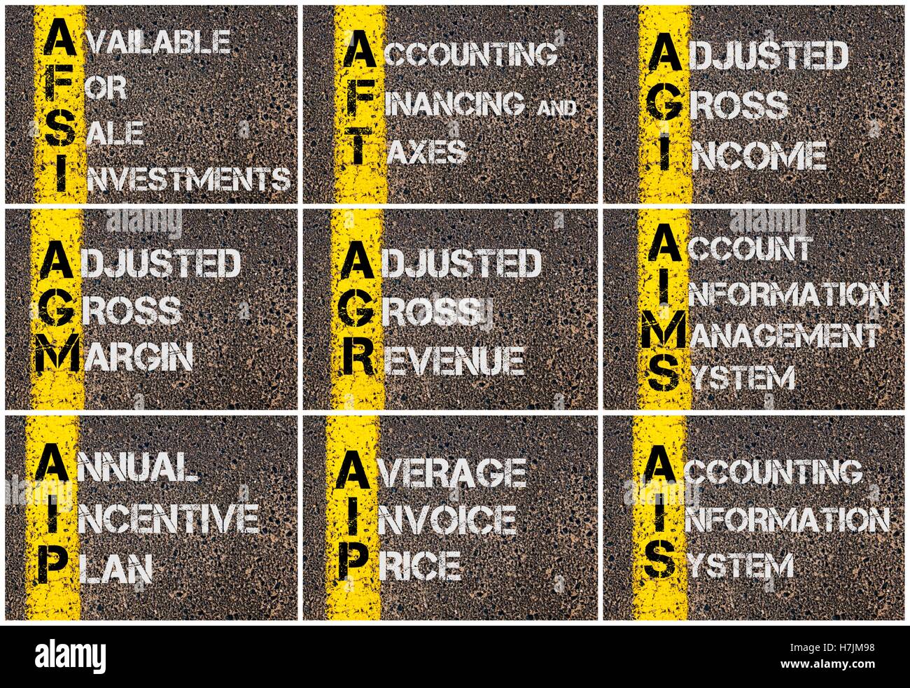Photo collage of Business Acronyms written over road marking yellow ...