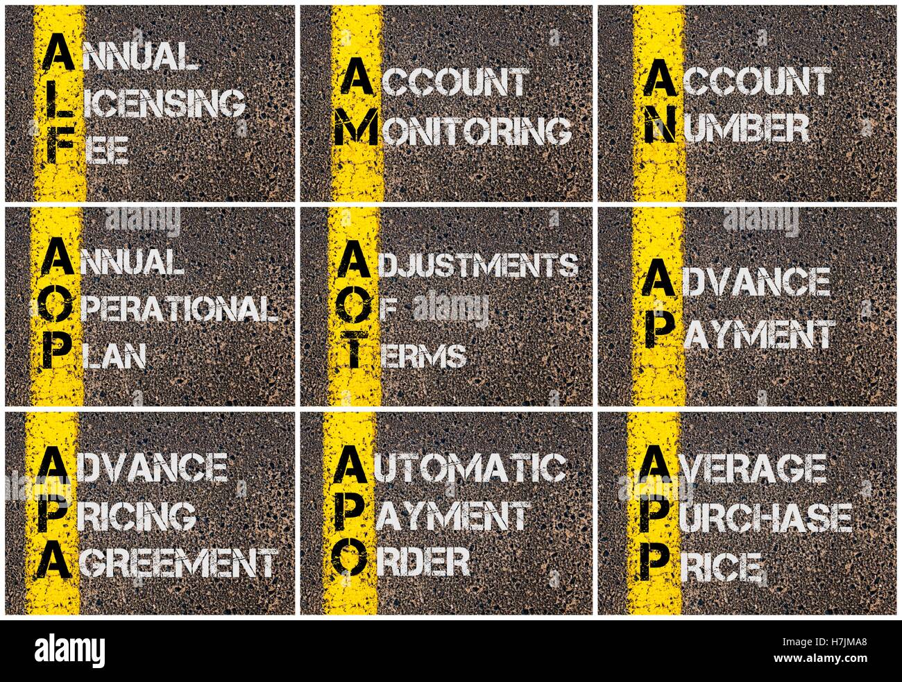 Photo collage of Business Acronyms written over road marking yellow ...