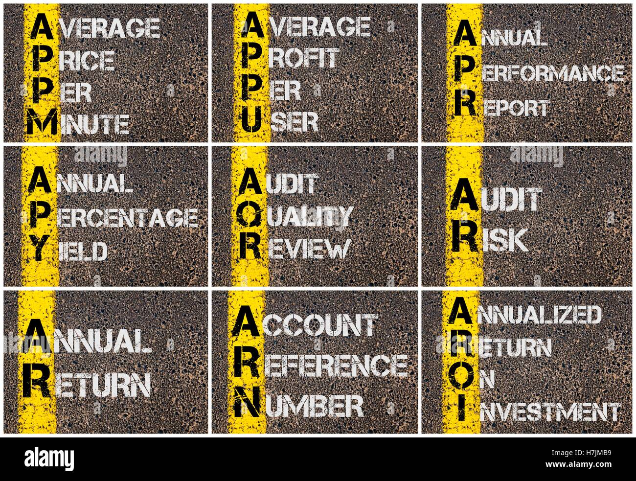 Photo collage of Business Acronyms written over road marking yellow ...