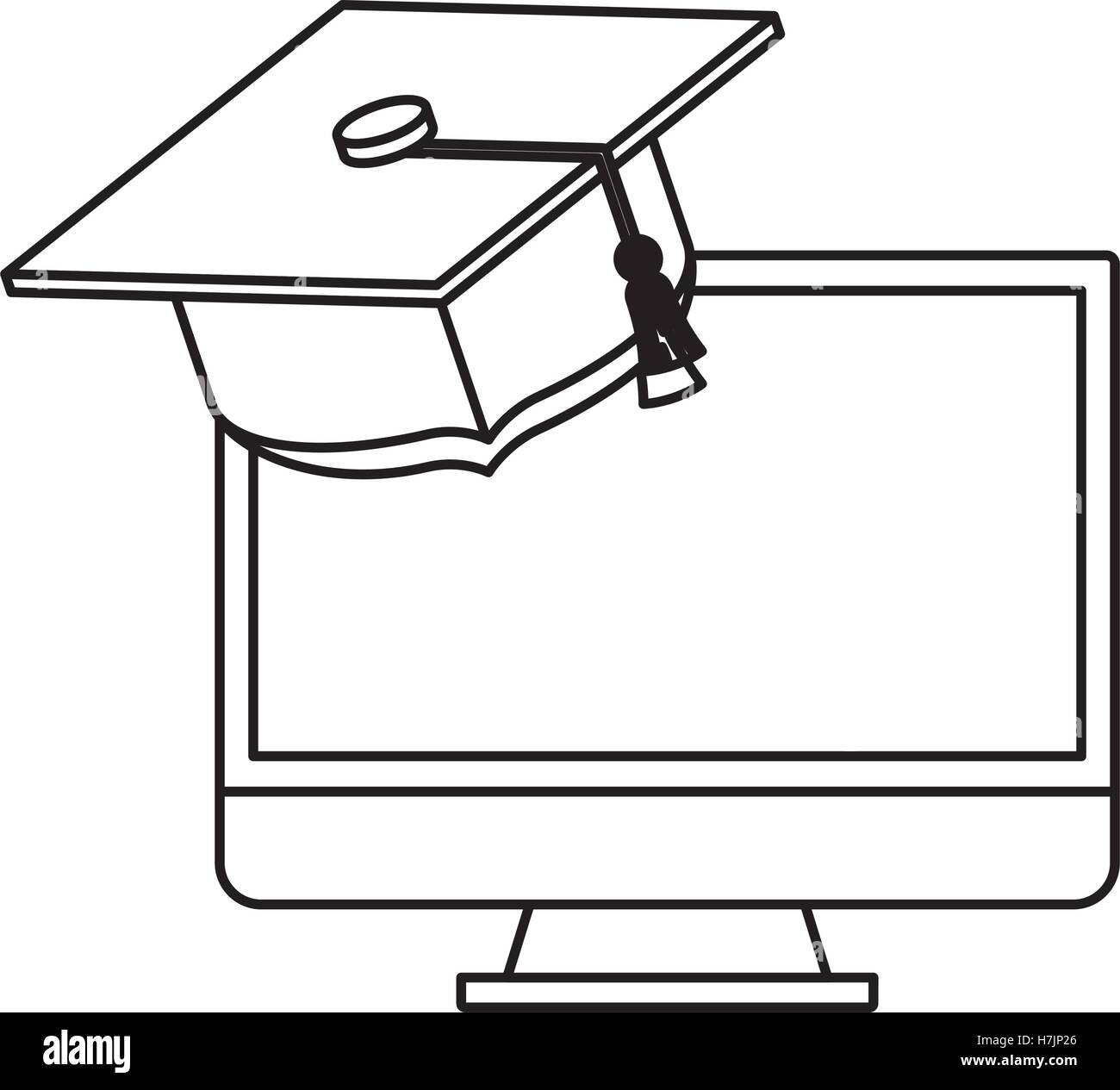 Graduation cap and computer icon. School supply object and education ...