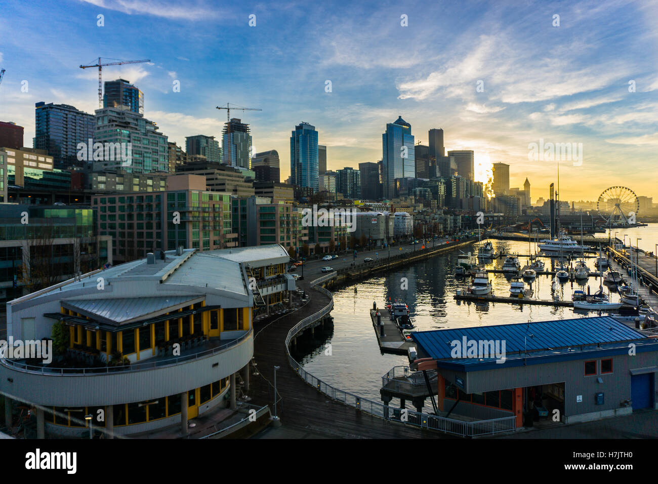 Seattle, Waterfront at Sunrise Stock Photo - Alamy